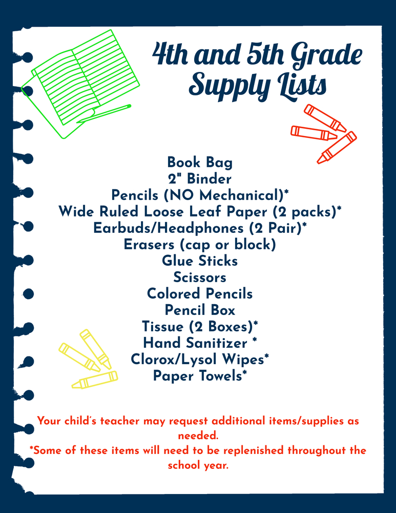 4th and 5th Grades Supply List | Washington Wilkes Elementary School